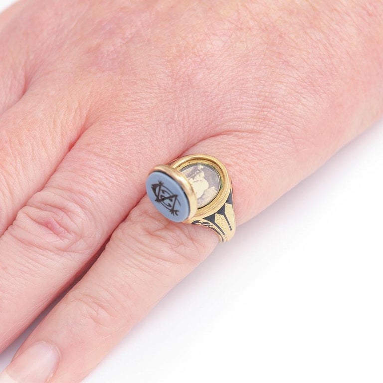 Unusual Victorian Chalcedony and Black Enamel Locket Mourning Ring 18 ...
