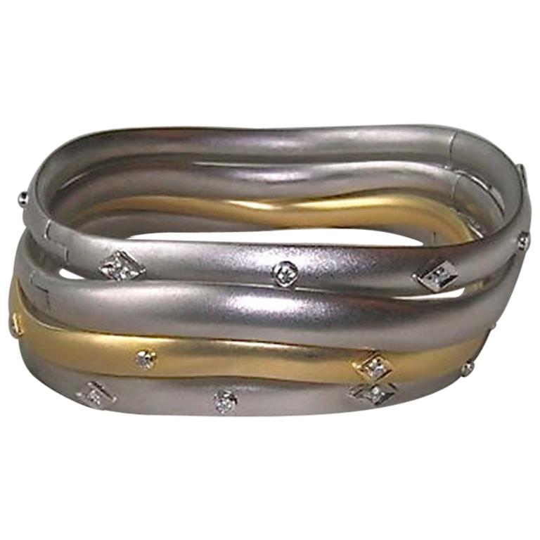 Mixed Metal Wave Bangle with Diamonds For Sale at 1stDibs