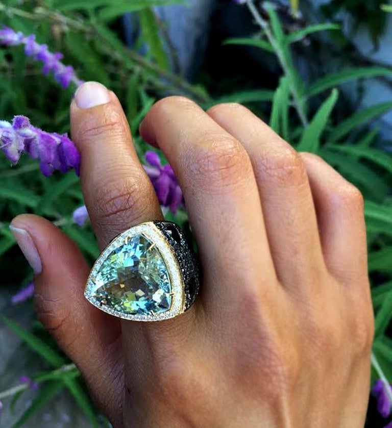 Green Prasiolite Spinel Black Diamond Triangle Cocktail Ring 18k Yellow ...