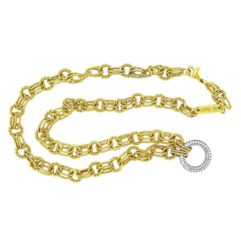 18 Karat Handmade Link Necklace with Diamond Set Circle For Sale at 1stDibs