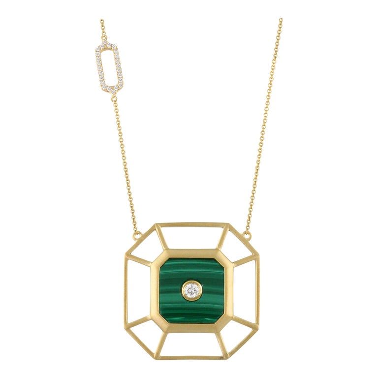 18 Karat Matte Yellow Gold Art Deco Style Hexagon Necklace Malachite ...