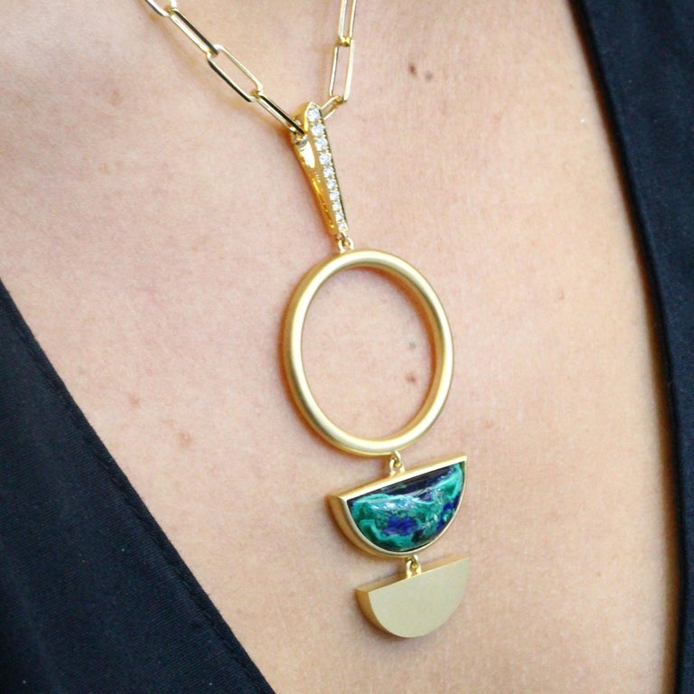 18 Karat Matte Yellow Gold Half-Moon Necklace with Azurite-Malachite ...