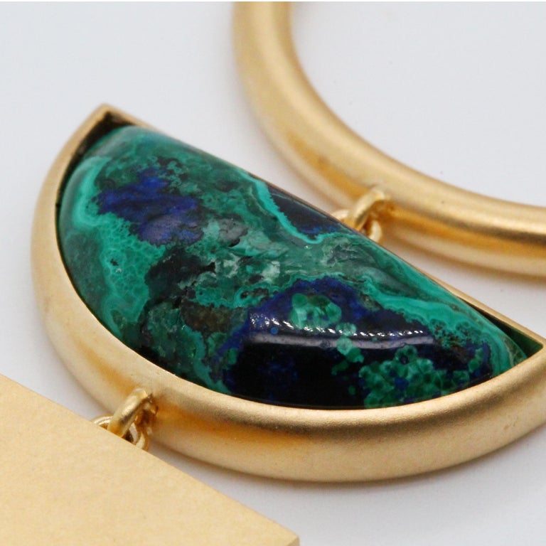18 Karat Matte Yellow Gold Half-Moon Necklace with Azurite-Malachite ...