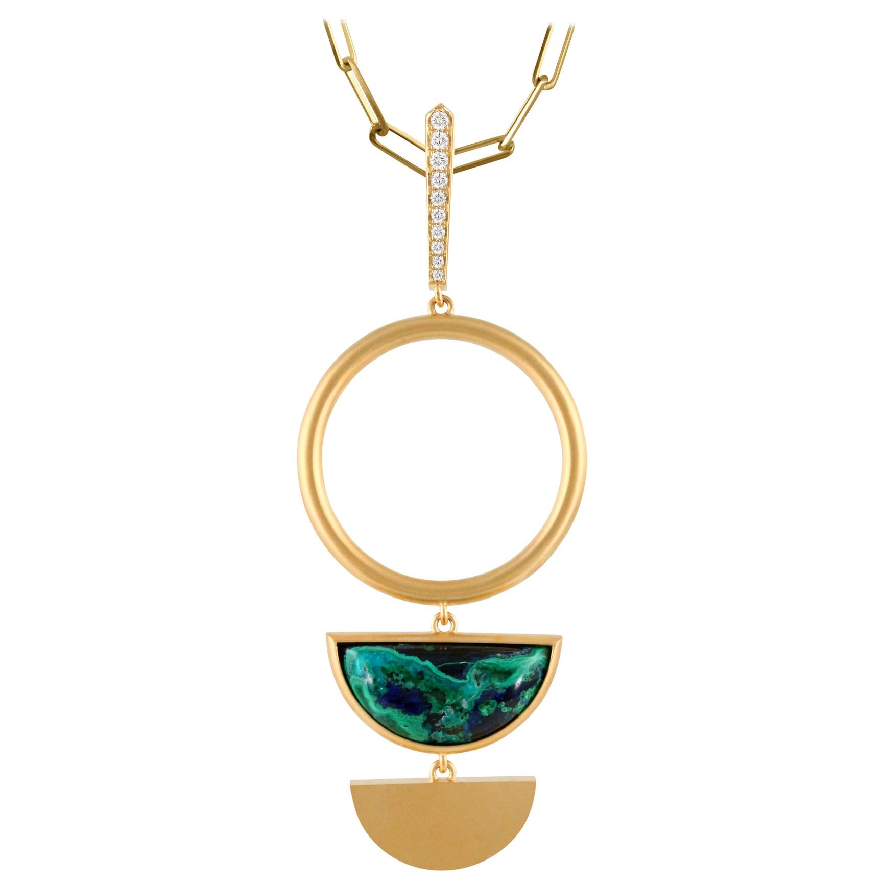 18 Karat Matte Yellow Gold Half-Moon Necklace with Azurite-Malachite ...