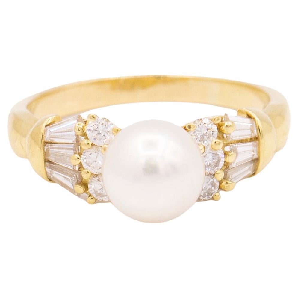 Mikimoto Diamond Pearl 18 Karat Yellow Gold Ribbon Ring For Sale at 1stDibs
