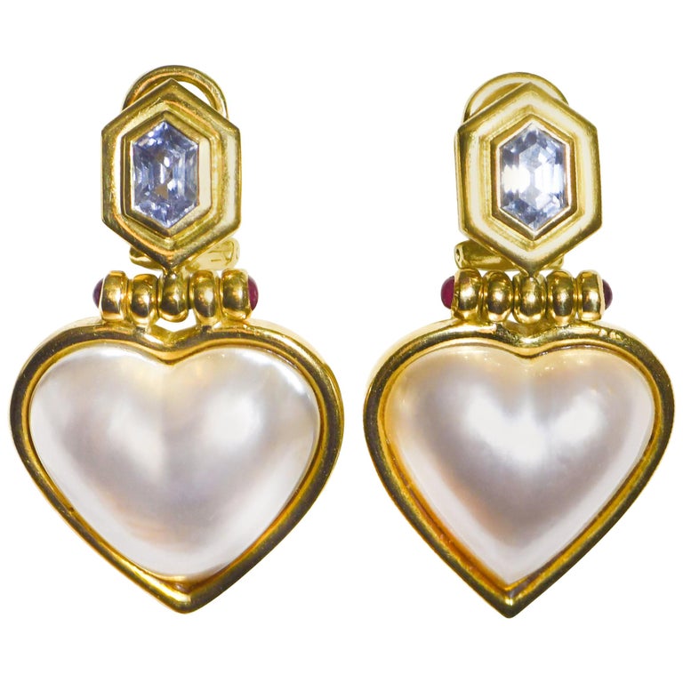 18 Karat Mobe Pearl, Blue Topaz and Ruby Pierced Earrings For Sale at ...