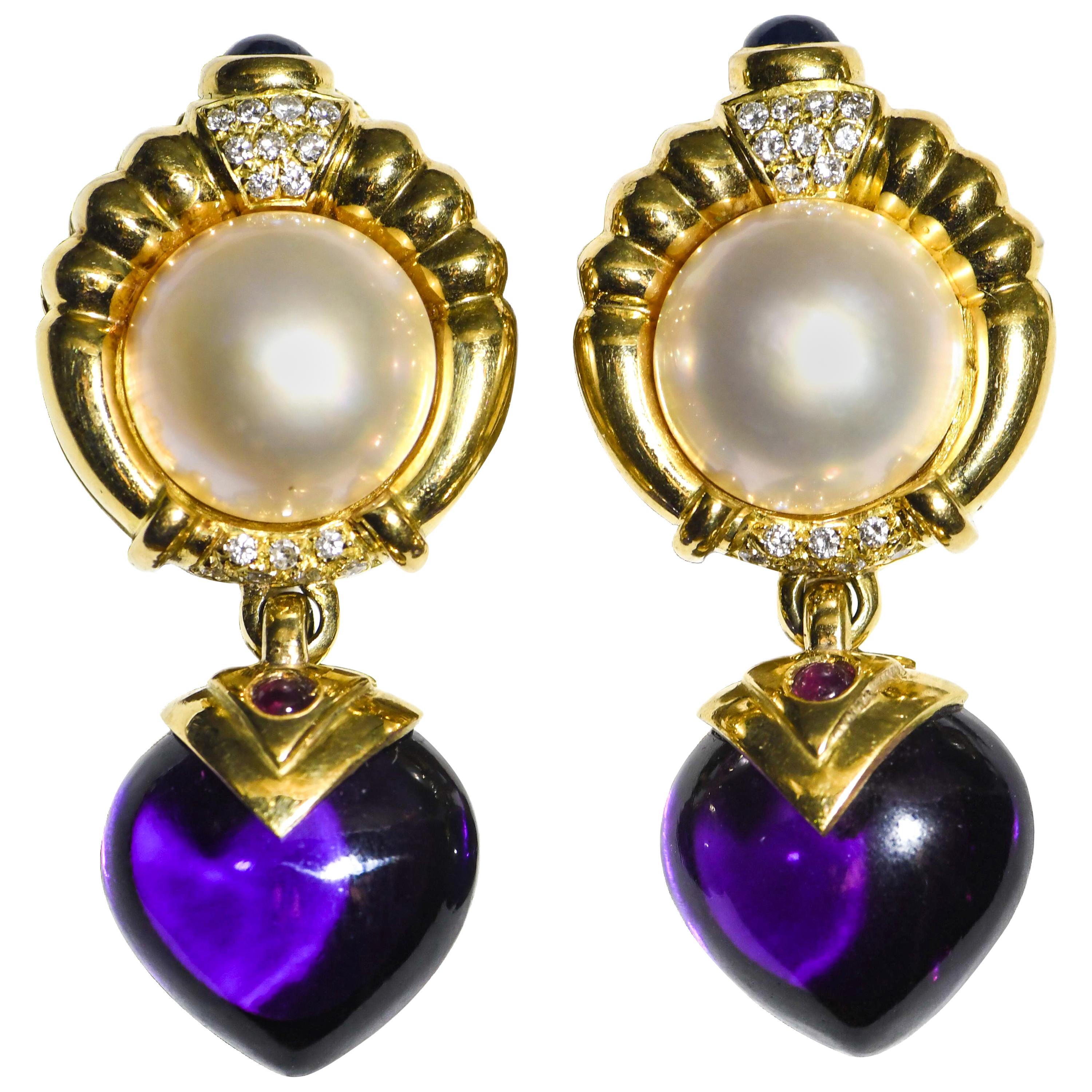 Chaumet 18K Gold, Pearl, Briolette Diamond and Amethyst Drop Earrings B ...