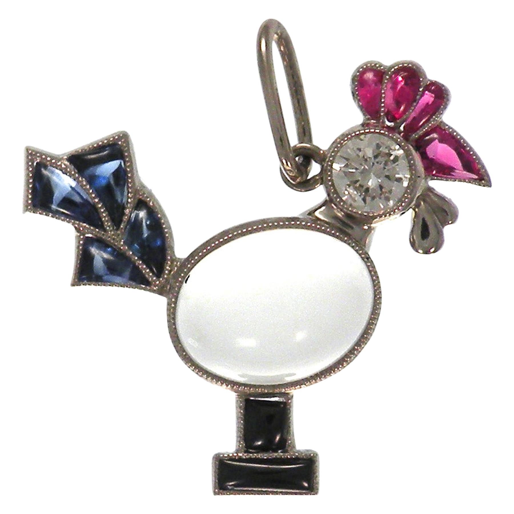 18 Karat Multi-Color Stone and Diamond Chicken Pendent or Charm For ...