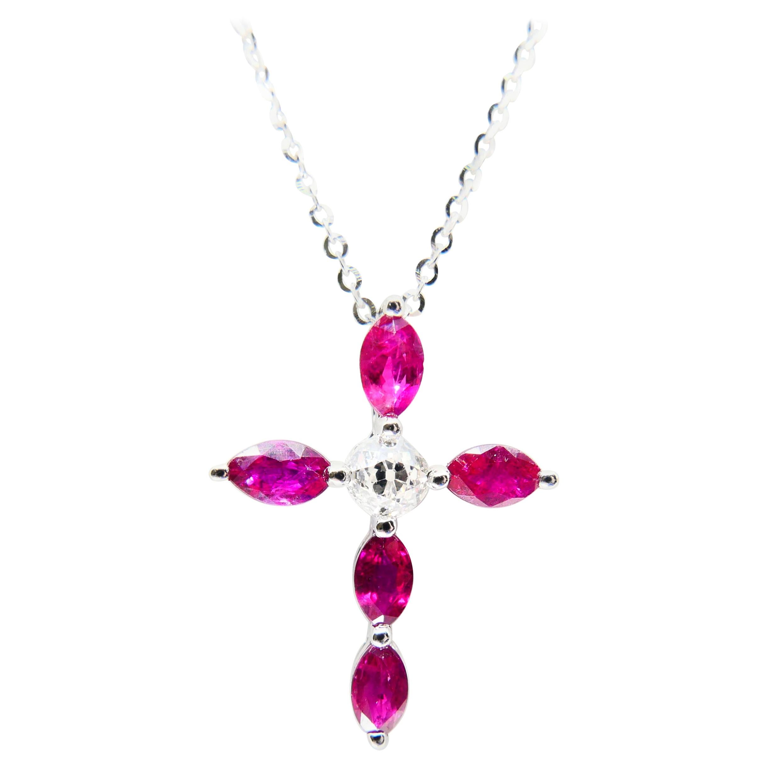 18 Karat Old Mine Cut Diamond and Burma Rubies Cross Pendant Drop ...
