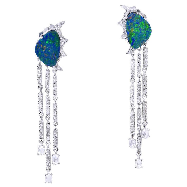 Opal Chain Drop 18 Karat Gold Diamond Earrings For Sale at 1stDibs