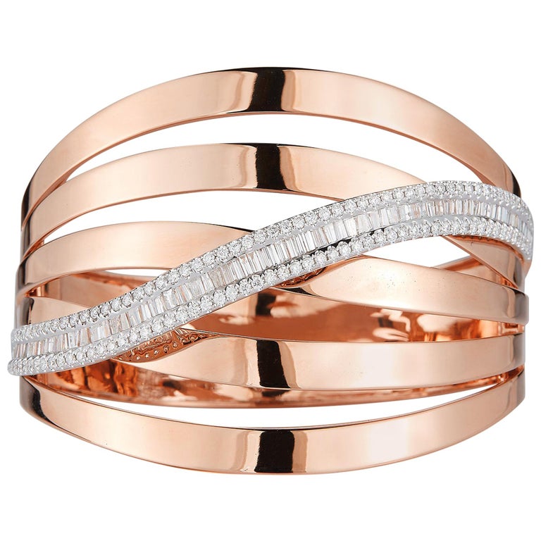 18 Karat Pink Gold and Diamond Bangle-Cuff Bracelet For Sale at 1stDibs