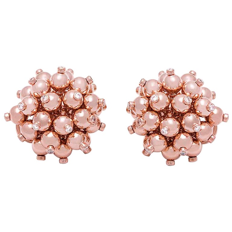 18 Karat Pink Gold Bead and Diamond Ear Clips For Sale at 1stDibs