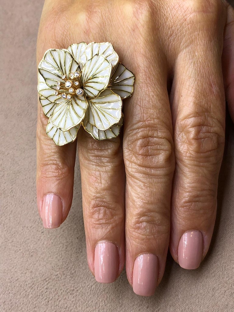 18 Karat Rose Gold 0.21 Carat Diamond and Enamel Flower Cocktail Ring ...