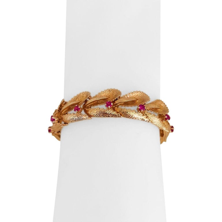 18 Karat Rose Gold and Pink Sapphire Vintage Floral Leaf Link Bracelet ...