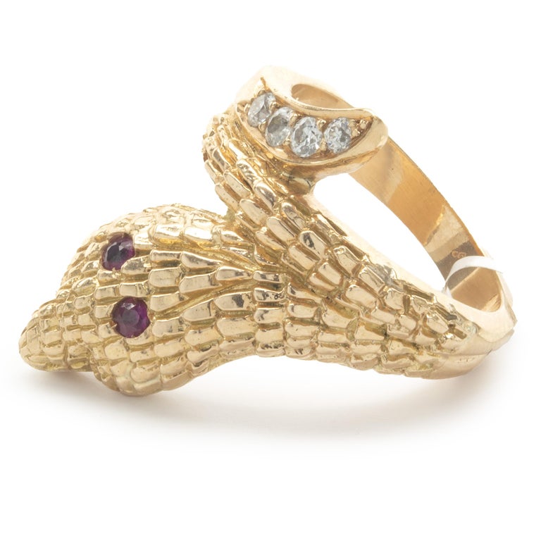 18 Karat Rose Gold Diamond and Ruby Snake Ring For Sale at 1stDibs