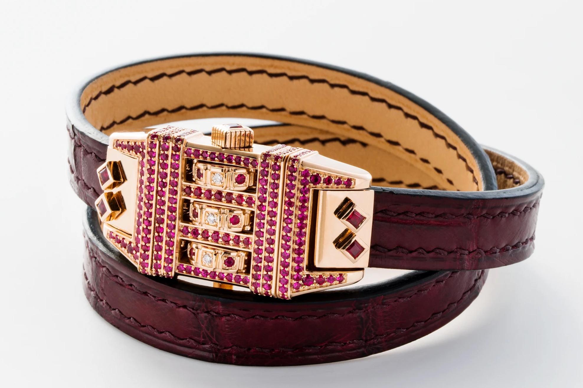 18 Karat Rose Gold Leather Wrap Ruby Pave Code Bracelet For Sale at 1stDibs