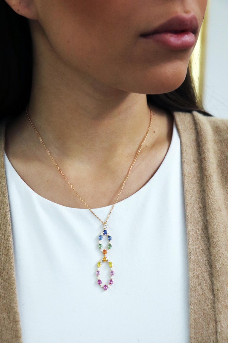 18 Karat Rose Gold Oval Multi-Colored Sapphires Diamond Pendant For ...