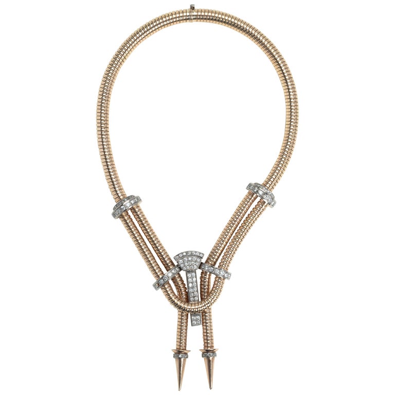 18 Karat Rose Gold Retro "Gas Pipe" Necklace Inset with Diamonds at 1stDibs