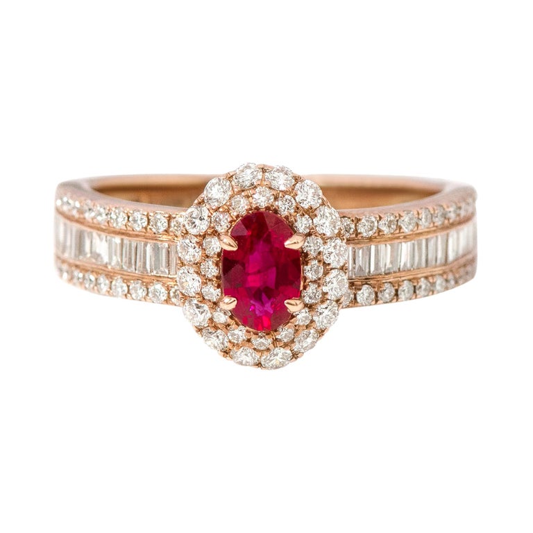 18 Karat Rose Gold Ruby and Diamond Double Cluster Band Ring For Sale at 1stDibs