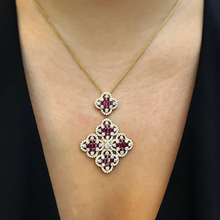 18 Karat Rose Gold Ruby Gemstone and Diamond Clover Pendant Necklace ...