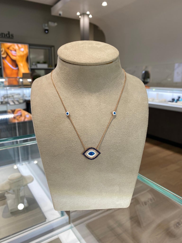 18 Karat Rose Gold Sapphire and Diamond Evil Eye Pendant Necklace For ...