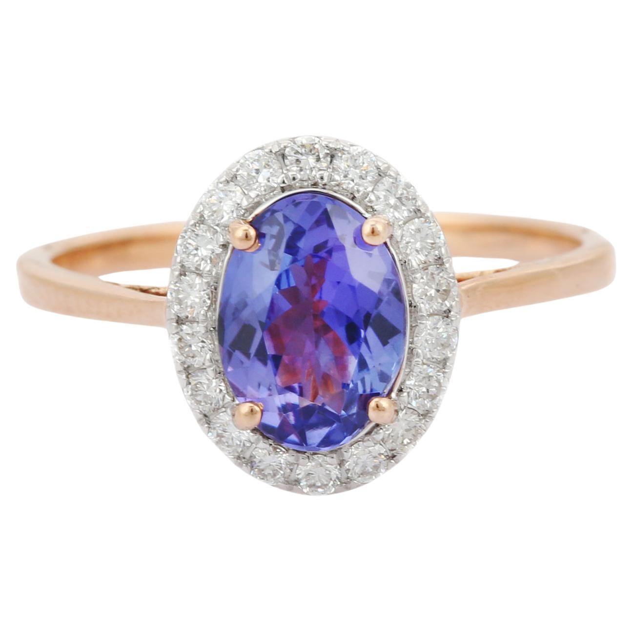 Oval Cut Pink Tanzanite Diamond Accent Engagement Ring in 14 karat Rose ...