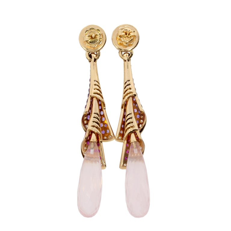 18 Karat Rose Gold Venice Pink Quartz Ruby Amethyst and Diamond Drop ...