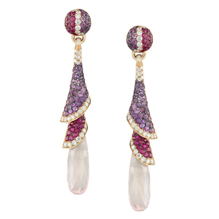 18 Karat Rose Gold Venice Pink Quartz Ruby Amethyst and Diamond Drop ...
