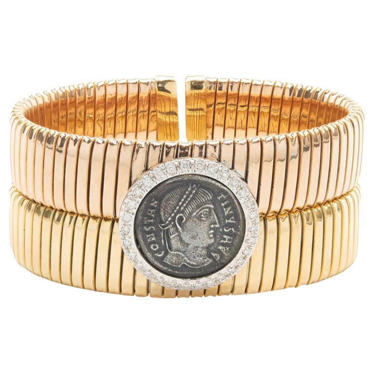 18 Karat Rose and Yellow Gold Vintage Roman Coin and Diamond Flex ...