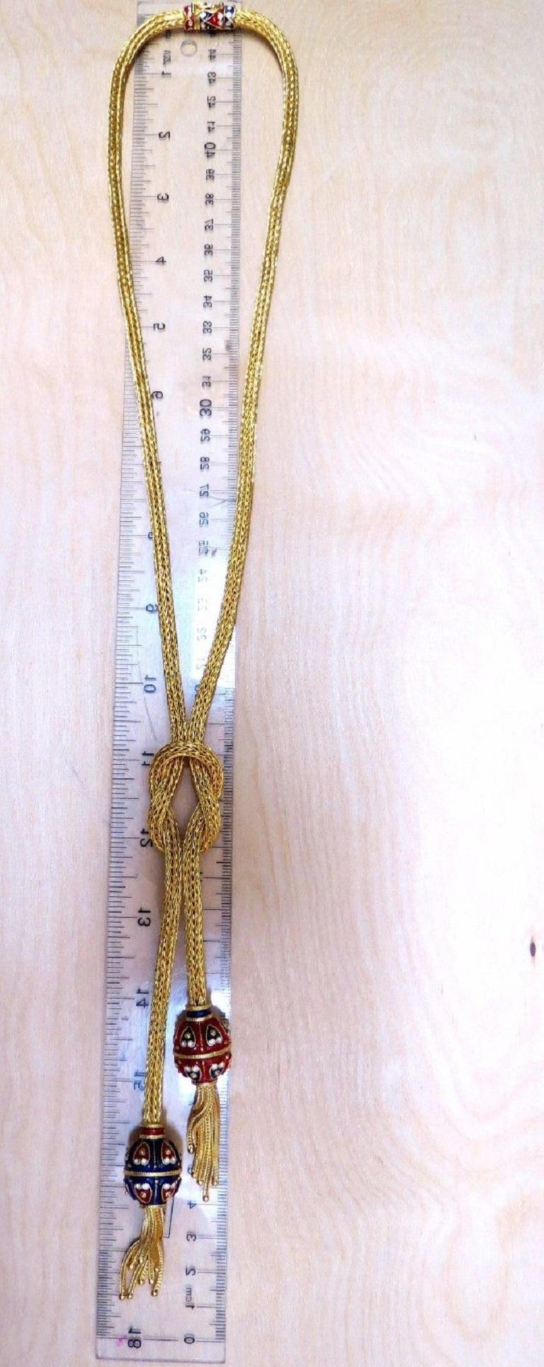 18 Karat Sailor's Knot Enameled Weave Necklace Long Bolo Tassel Deco ...