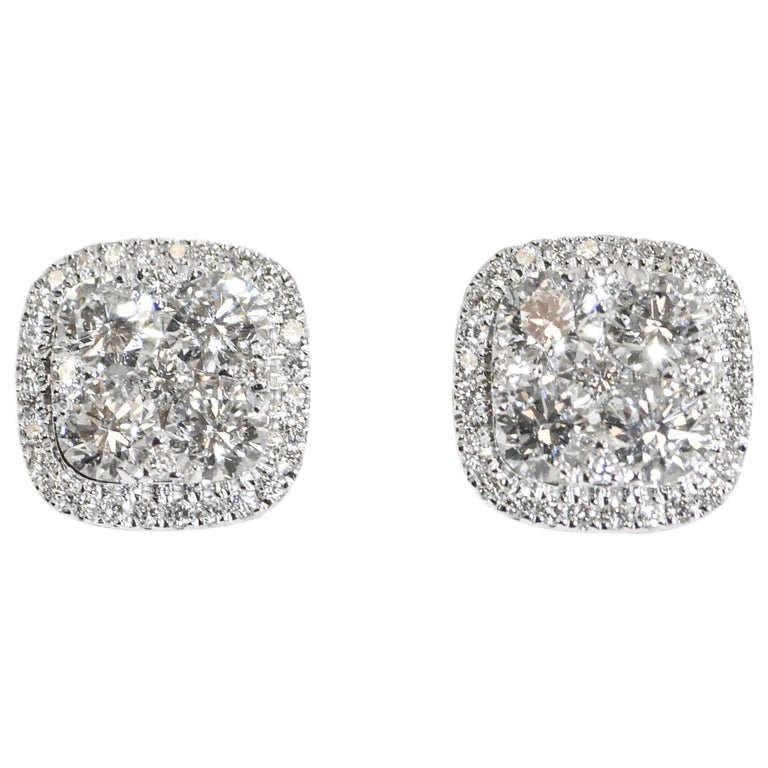 18 Karat Square Shape Diamond Cluster Pierced Stud Earrings For Sale at ...