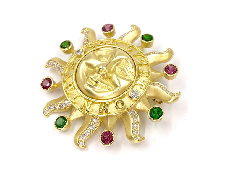 18 Karat Sun Brooch with Diamonds and Tourmaline Gemstones at 1stDibs