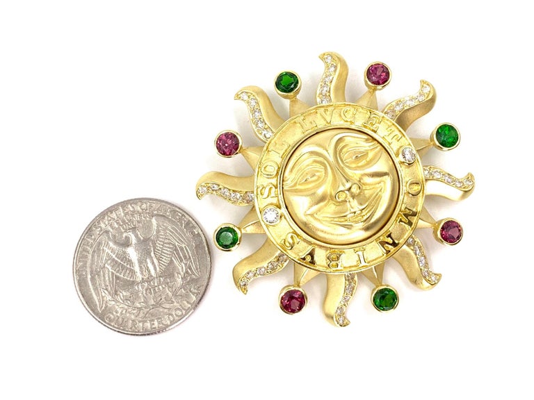 18 Karat Sun Brooch with Diamonds and Tourmaline Gemstones at 1stDibs
