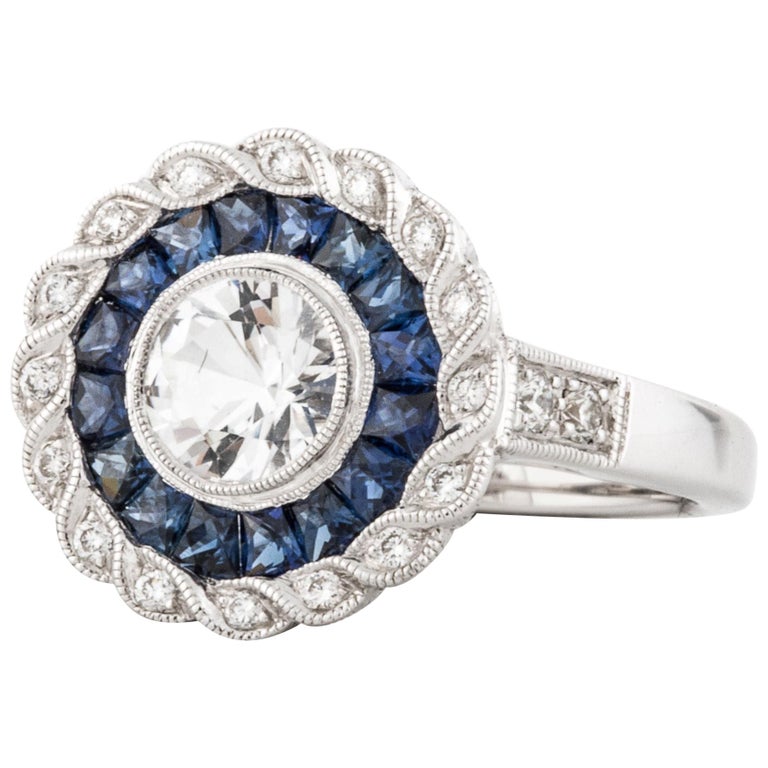 18K White Gold Colorless Beryl Sapphire and Diamond Target Ring For ...