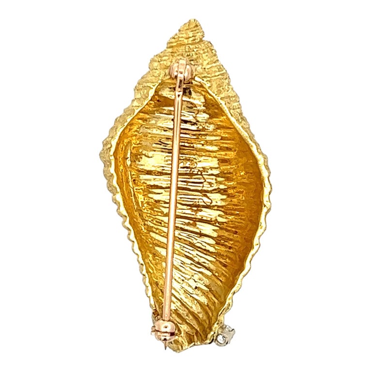 18 Karat Textured Yellow Gold Diamond Seashell Estate Brooch Pin For ...