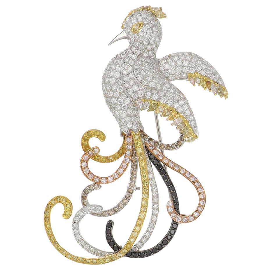 Multi-Colored Diamond Phoenix Brooch in 18K Gold For Sale at 1stDibs