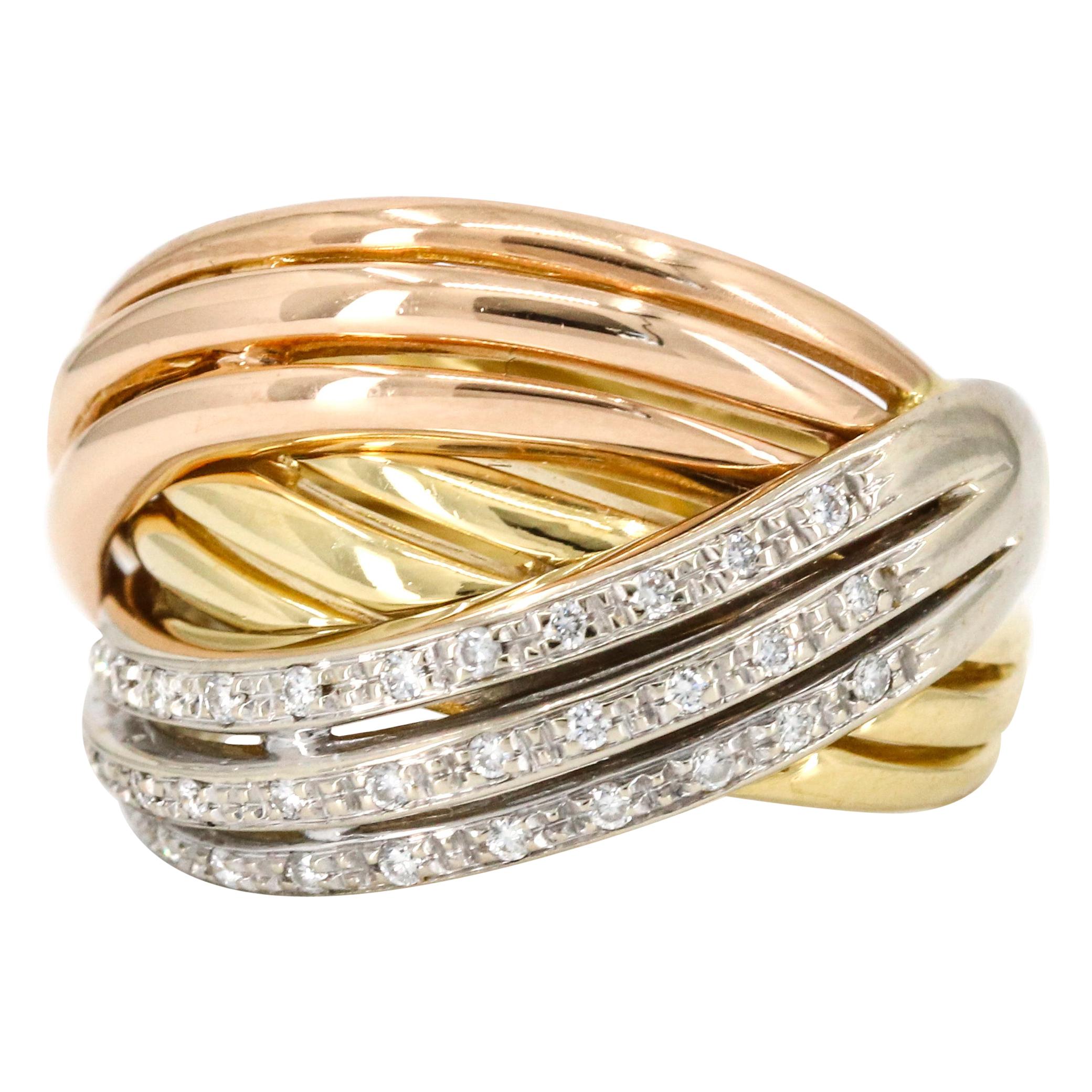 18 Karat Tri-Color Gold Diamond Interlocking Bands Ring For Sale at 1stDibs