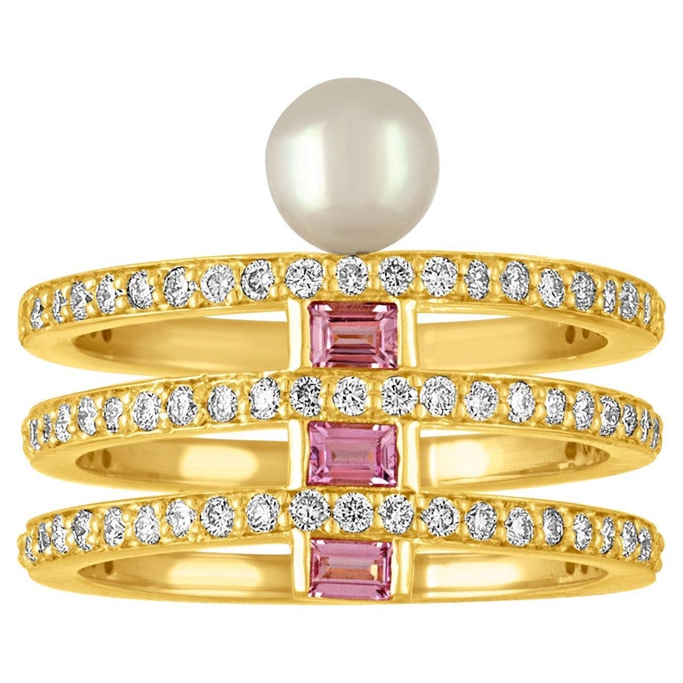 18 Karat Triple Band Ring with Diamonds, Pink Sapphire Baguettes and ...