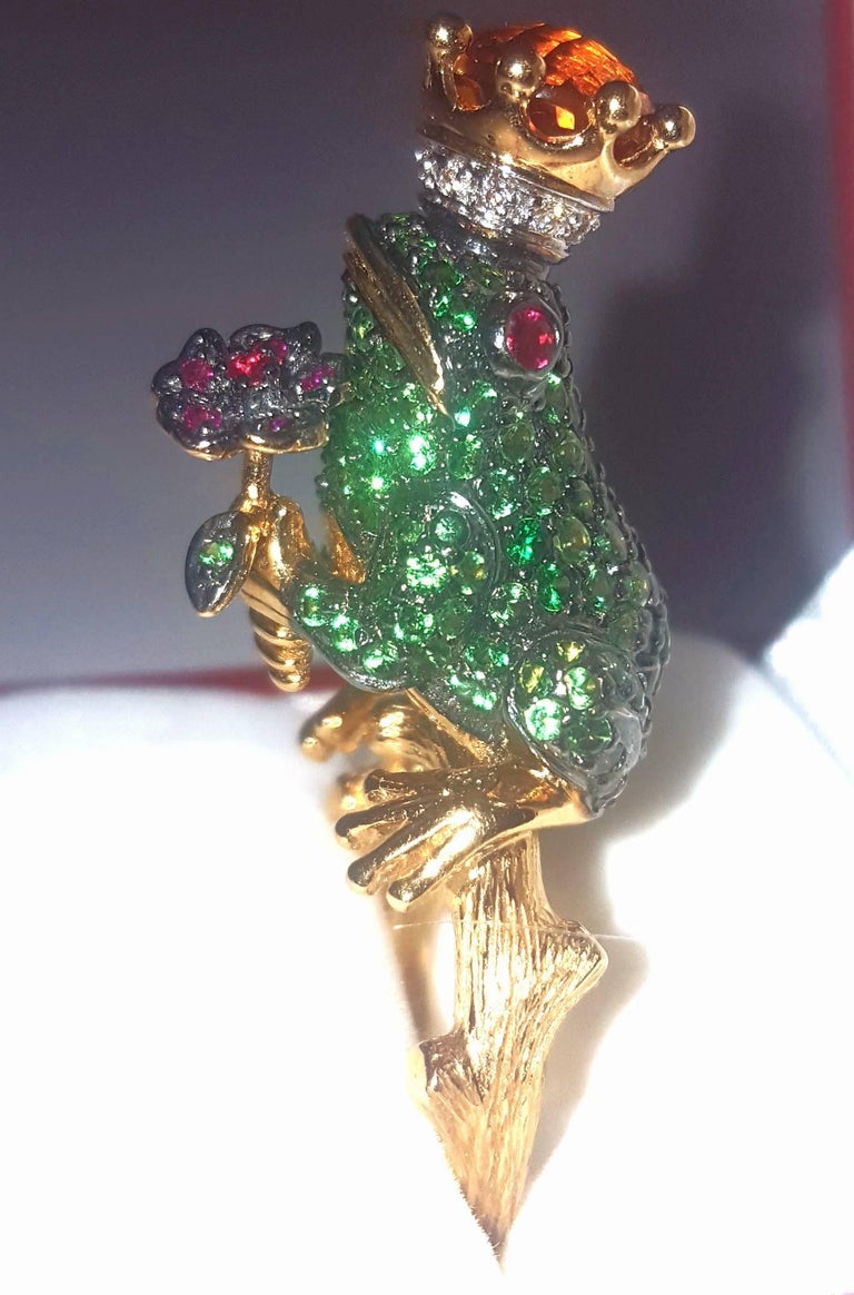 18 Karat Tsavorite, Diamond and Ruby Frog Ring at 1stDibs