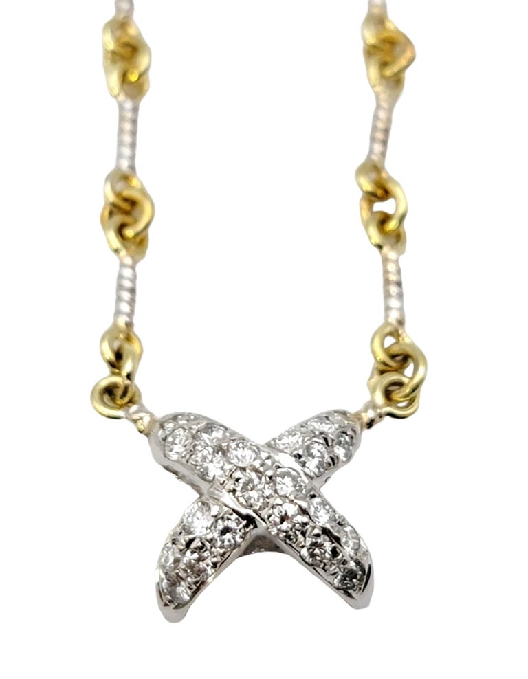 18 Karat Two-Tone Gold Circle Link Necklace with Pave Diamond 'X ...