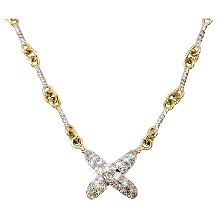 18 Karat Two-Tone Gold Circle Link Necklace with Pave Diamond 'X ...
