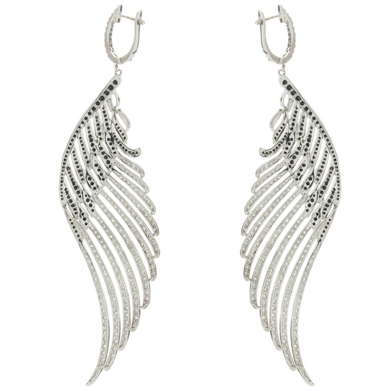 18 Karat White and Black Diamond Angel Wing Drop Earrings For Sale at ...