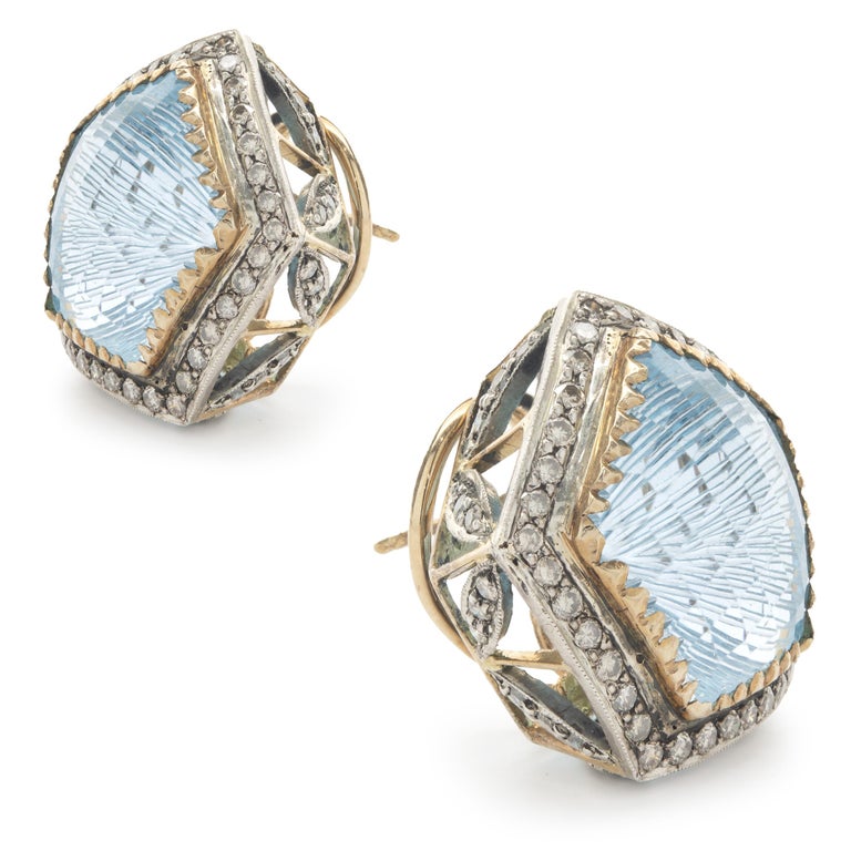 18 Karat White and Yellow Gold Blue Topaz and Chocolate Diamond Ornate ...