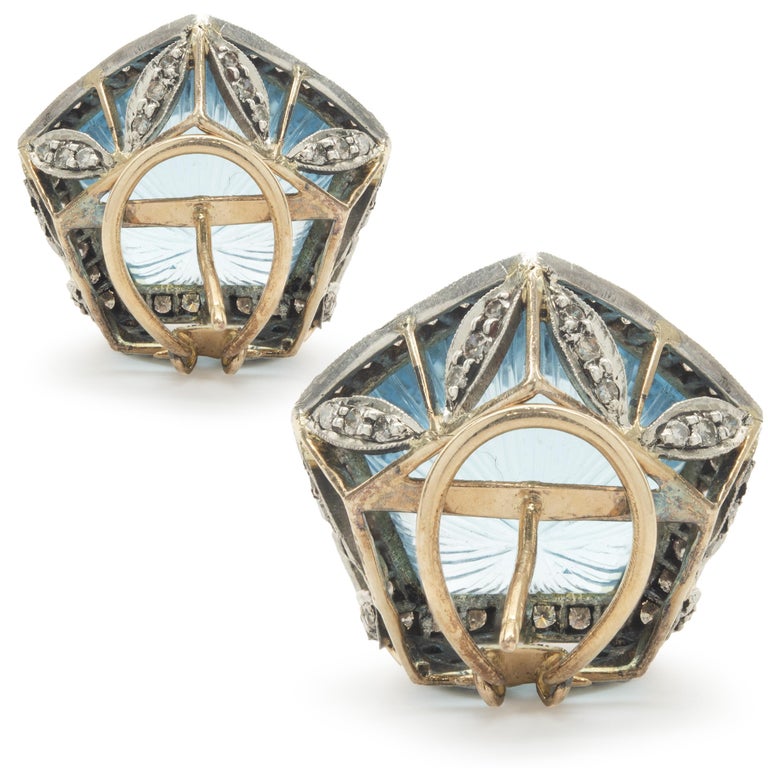 18 Karat White and Yellow Gold Blue Topaz and Chocolate Diamond Ornate ...