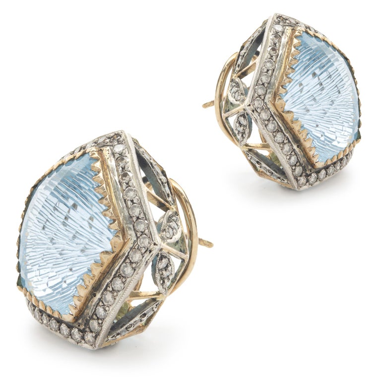 18 Karat White and Yellow Gold Blue Topaz and Chocolate Diamond Ornate ...