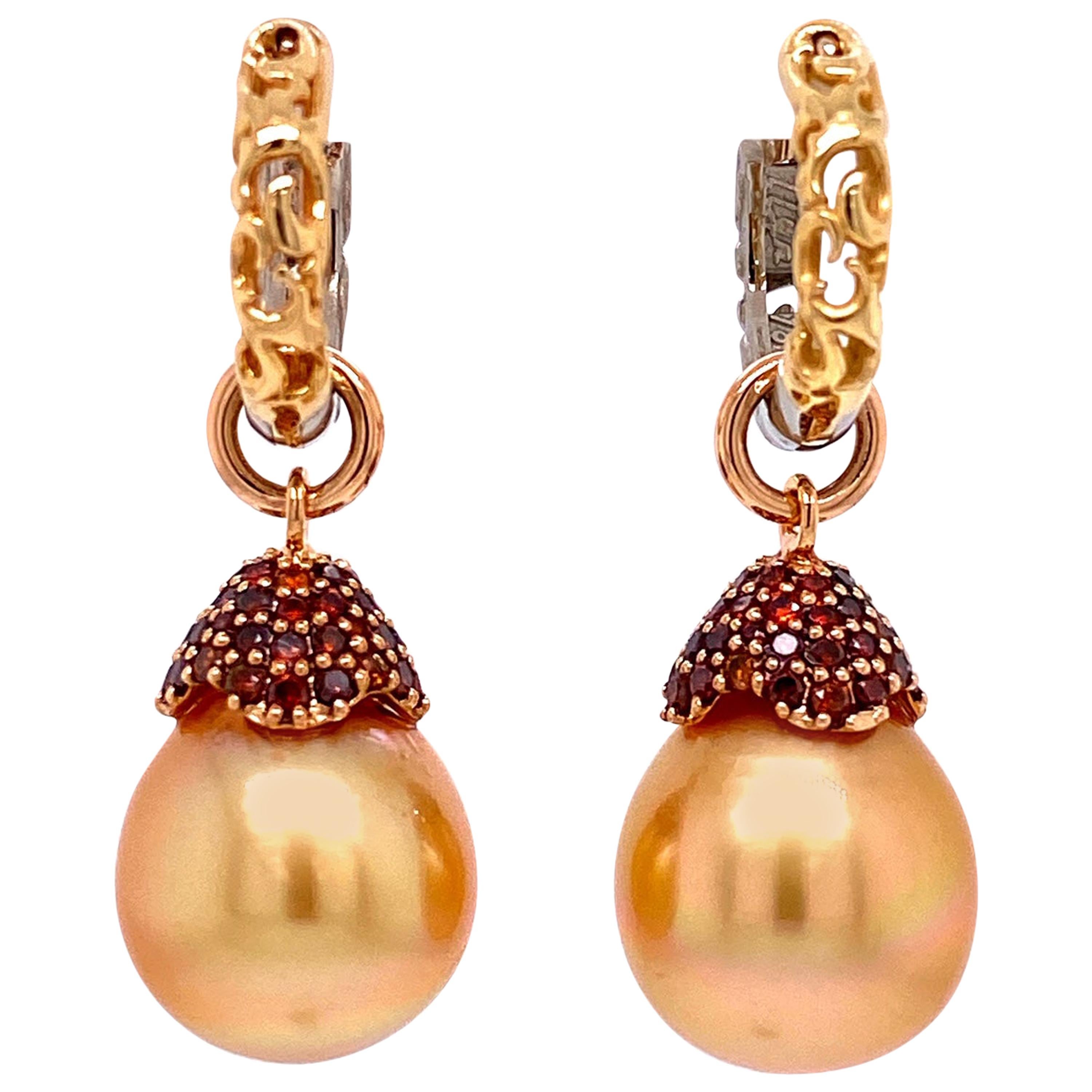 18 Karat White and Yellow Scroll Hoops with South Sea Golden Pearl ...