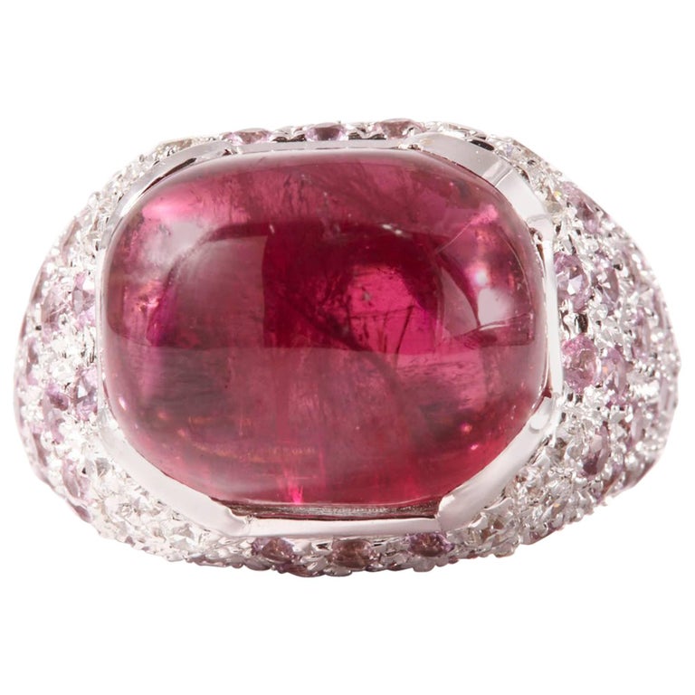 18 Karat White Cabochon Rubellite Pink Rubellite Cocktail Ring For Sale ...