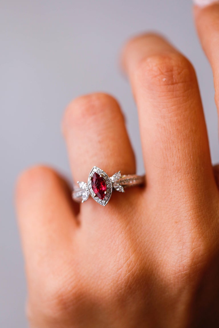 0.60 tcw Marquise Cut Ruby and diamond accent Engagement ring 18k White ...