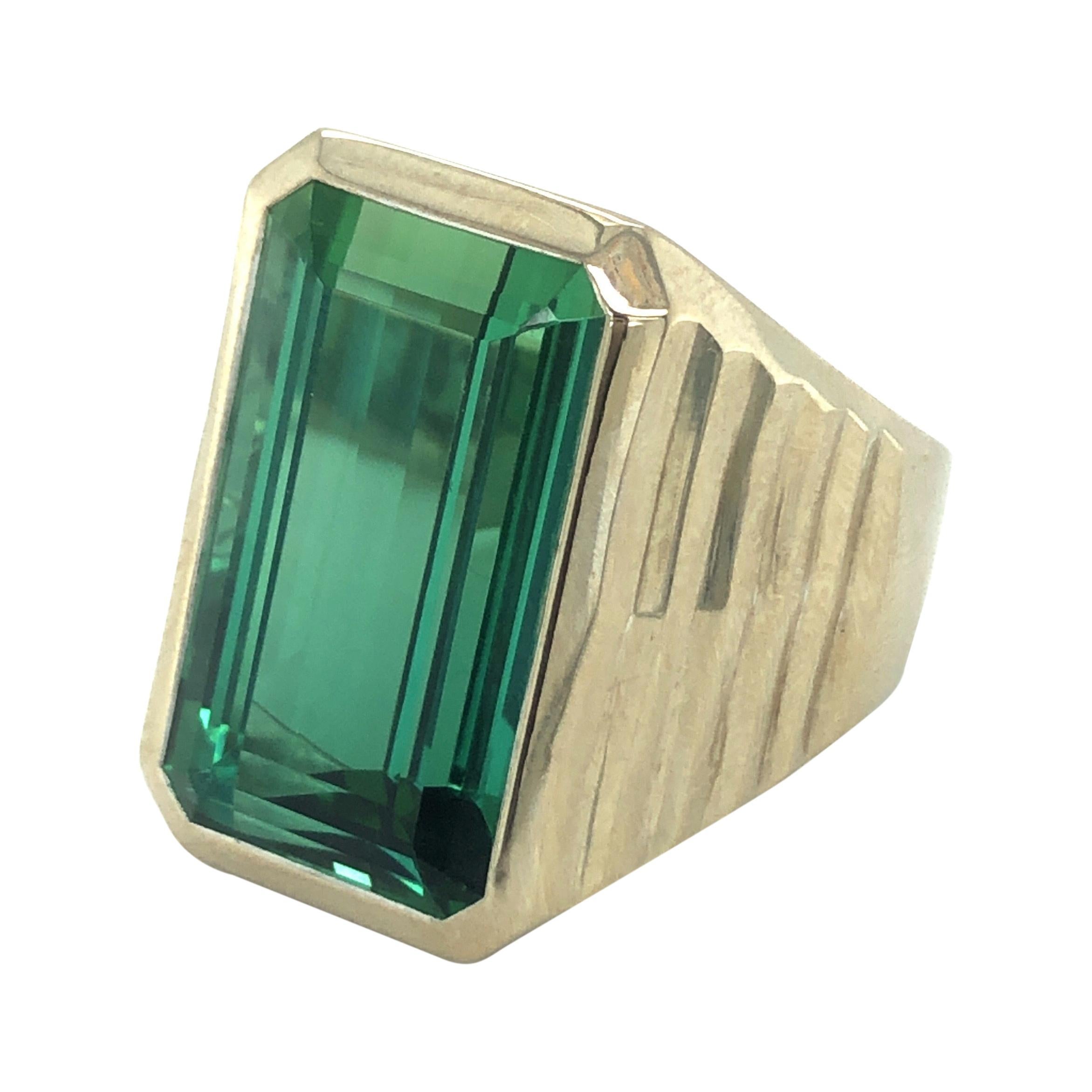 7.09 Carat Men's Emerald Cut Green Tourmaline Signet Style Ring 18 ...