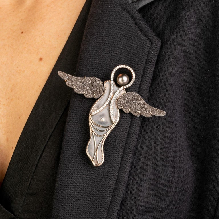 18 Karat White Gold and Sterling Silver Angel Brooch and Earring ...